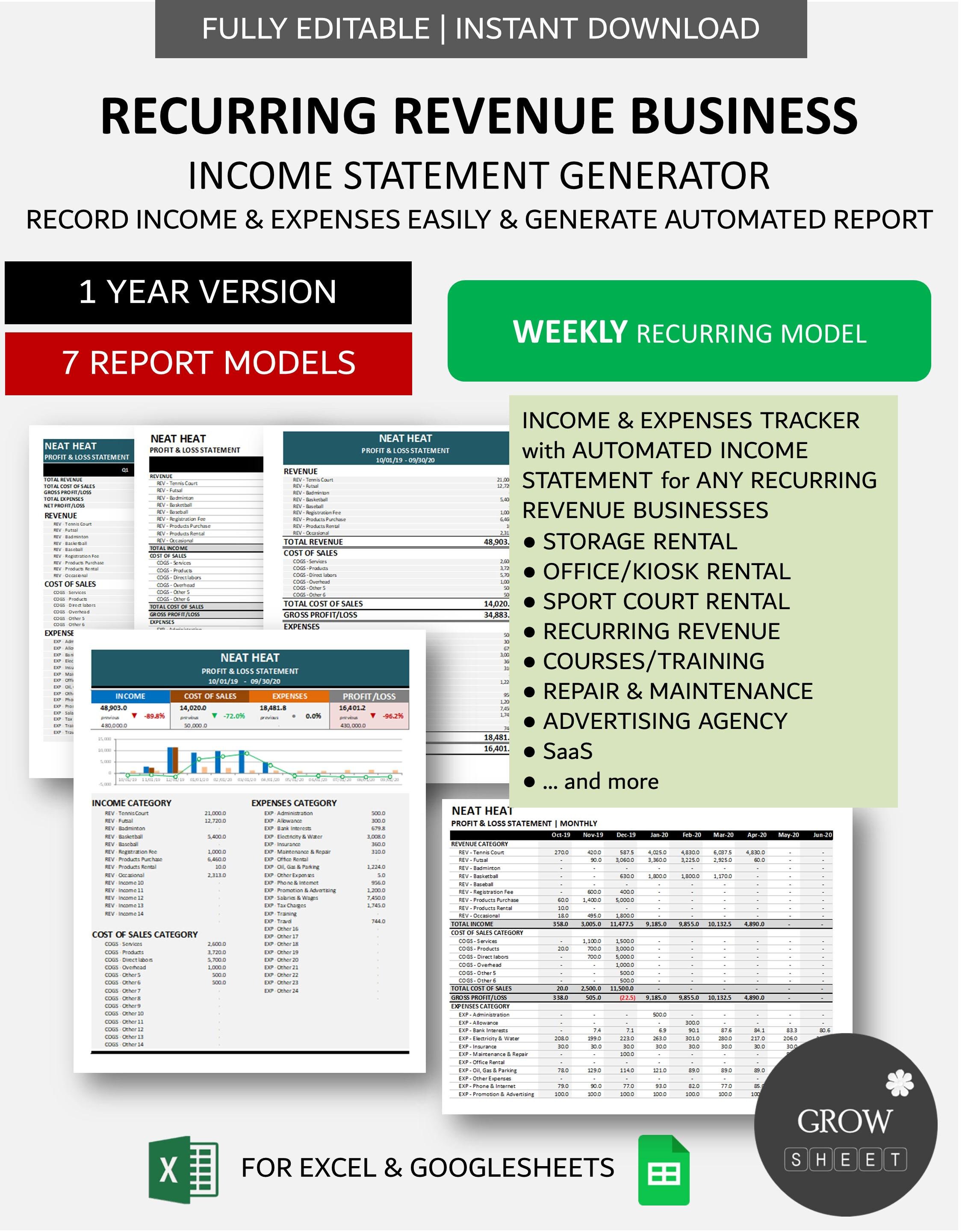 Recurring Revenue Business Income Statement Generator | Weekly Payment ...