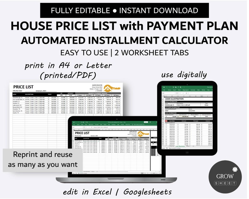 Real Estate Price List With Payment Plan Realtor Installment - Etsy