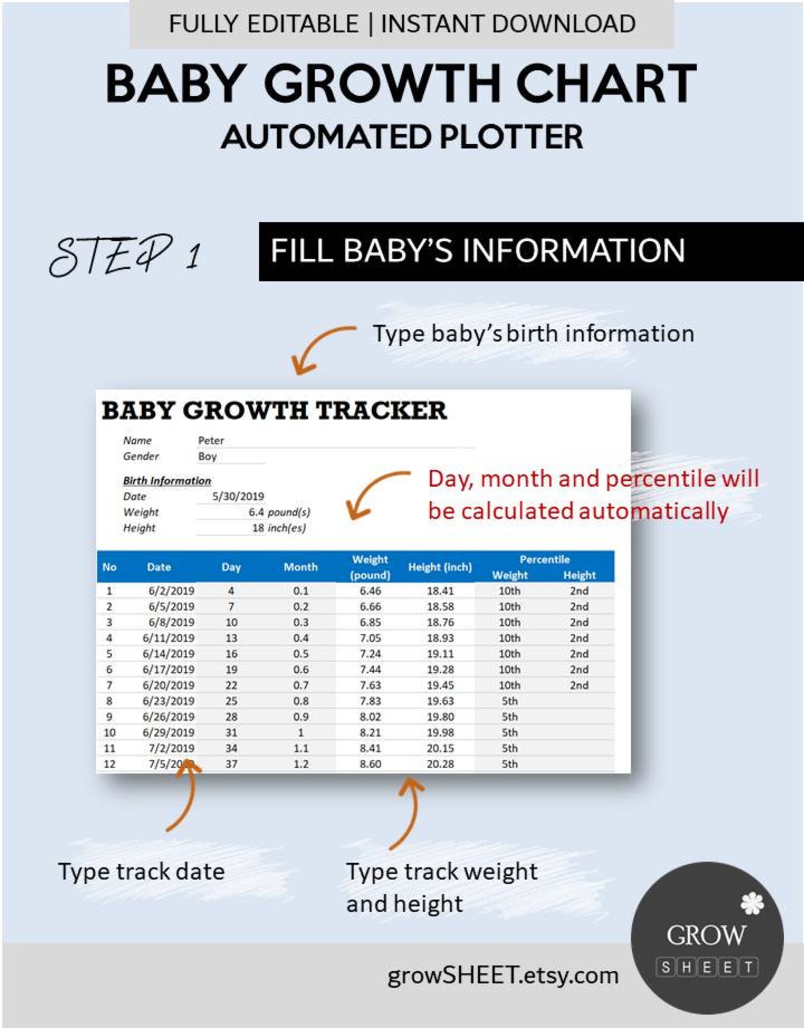 Baby Growth Chart With Automated Plotter - Excel Template | Boy - Girl ...