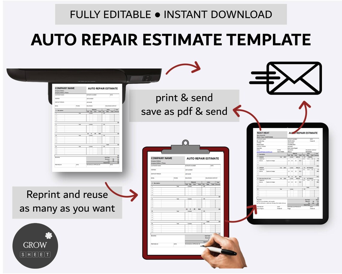 Printable Auto Repair Estimate Template for Excel and Google Sheets ...