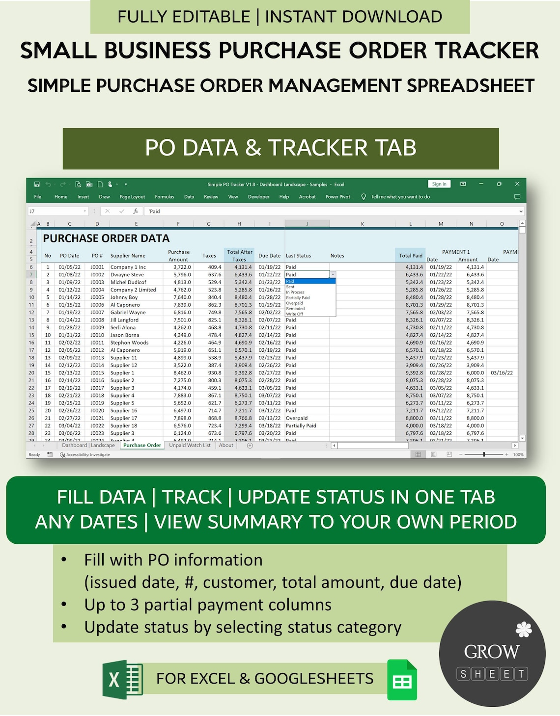 Purchase Order Tracker Spreadsheet Simple Small Business Purchase Order Management Supplier ...