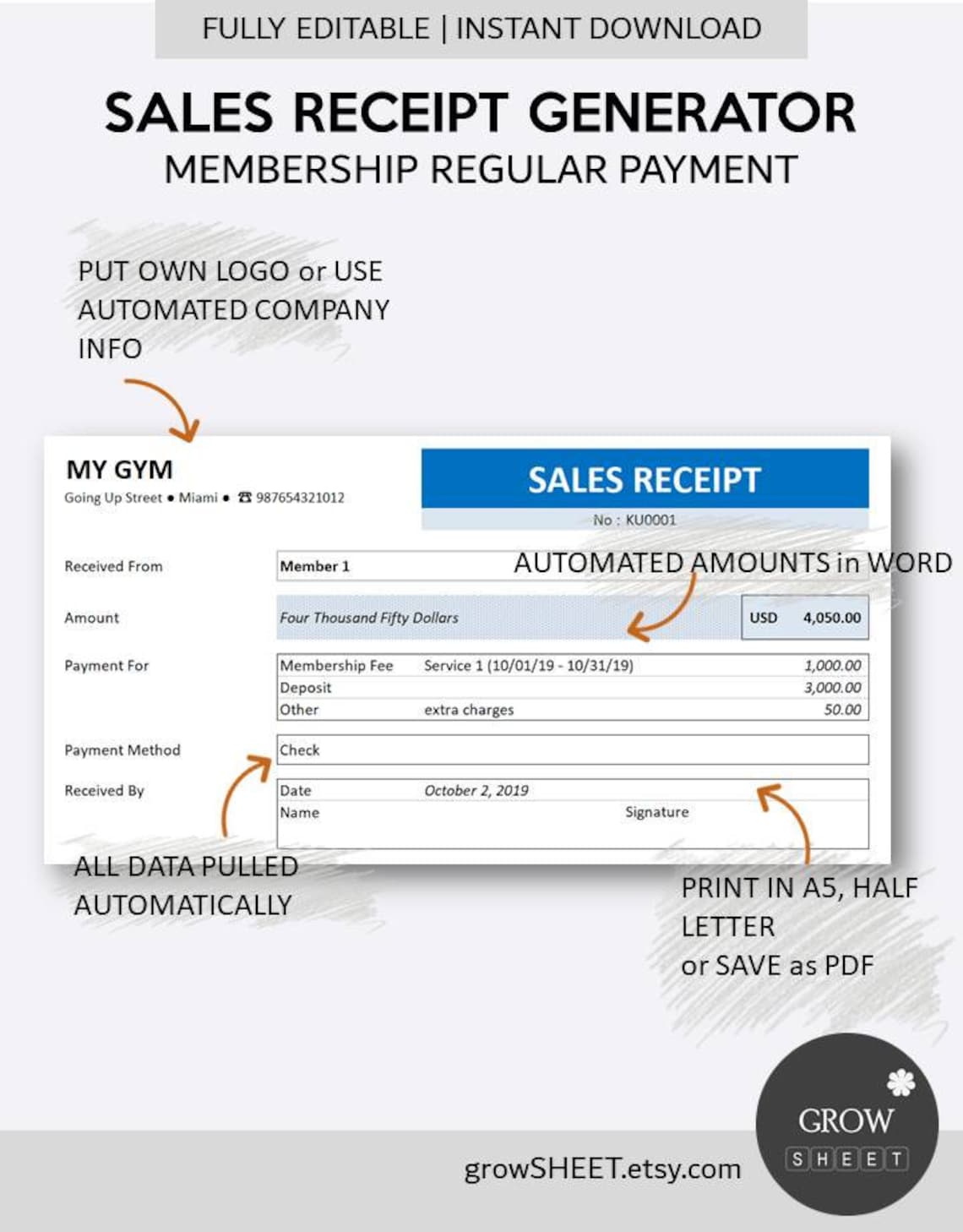 Membership Payment Receipt Generator Monthly Cash Receipt Template for ...