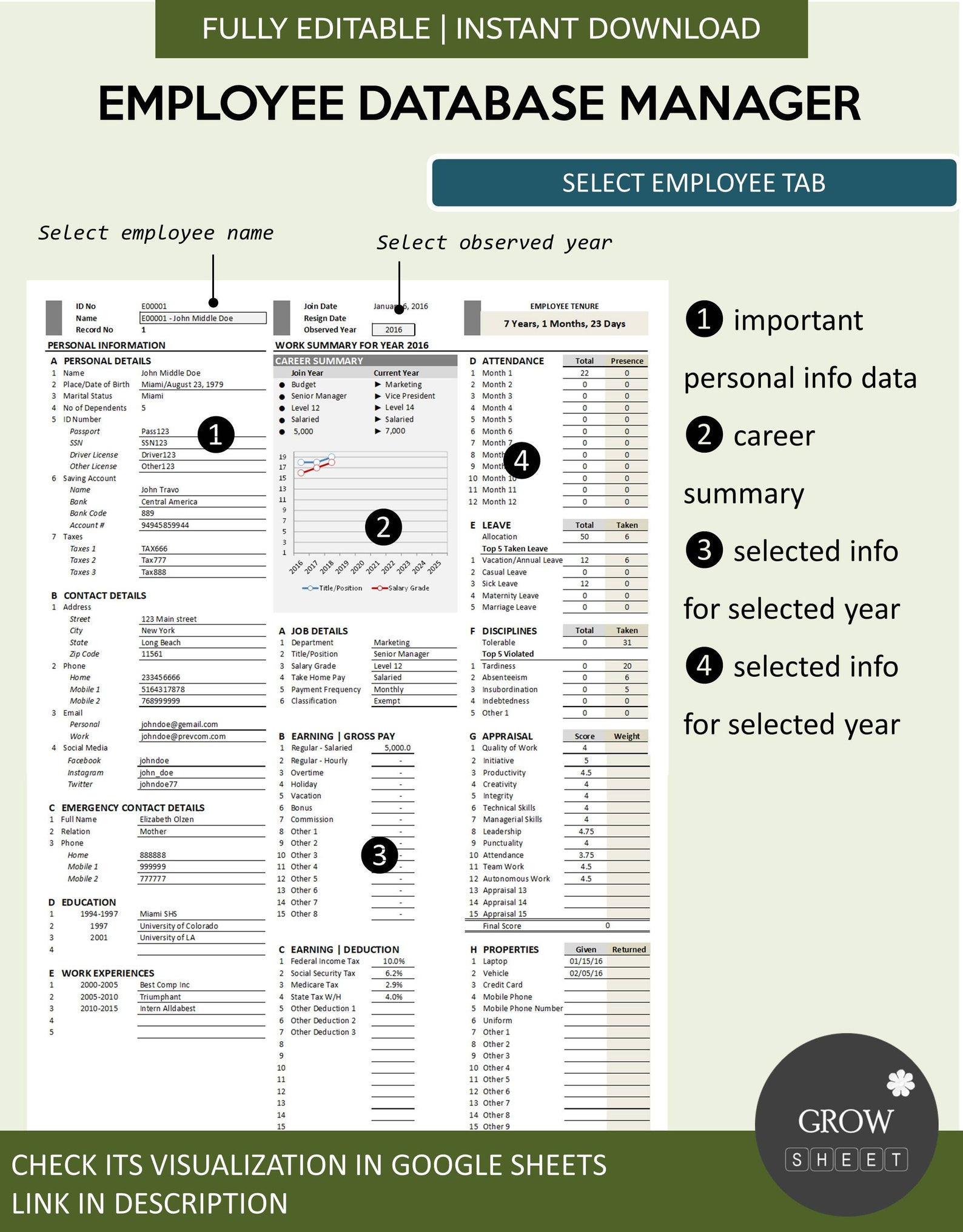 Employee Database Management System for Excel and Google Sheets | Human ...