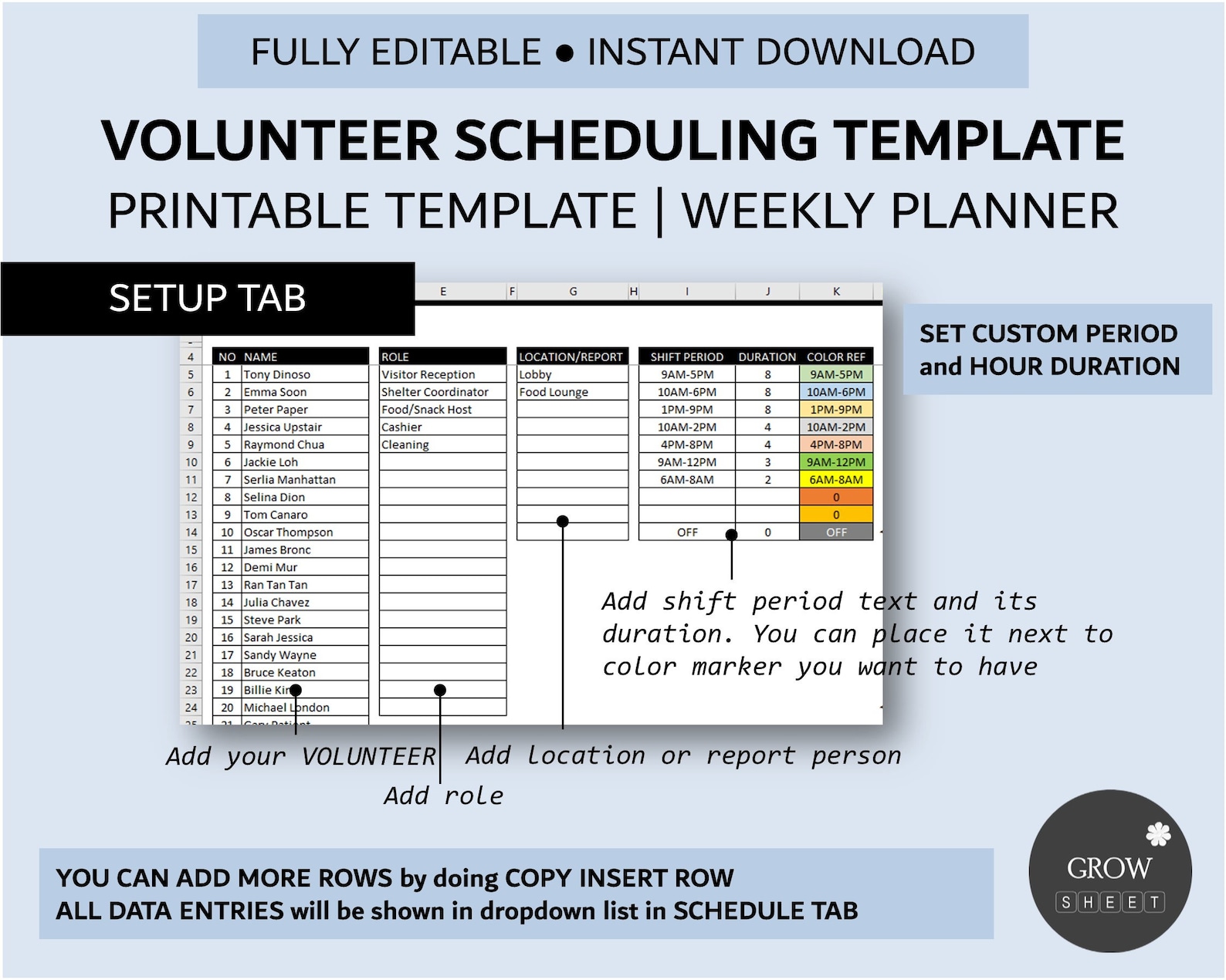 Volunteer Scheduling Template for Excel and Google Sheets | Multi Roles ...