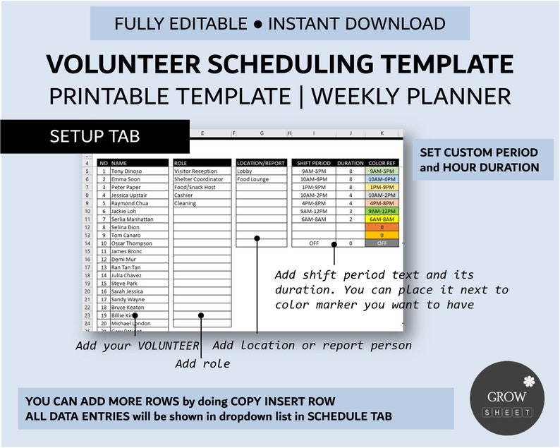 Volunteer Scheduling Template for Excel and Google Sheets | Multi Roles ...