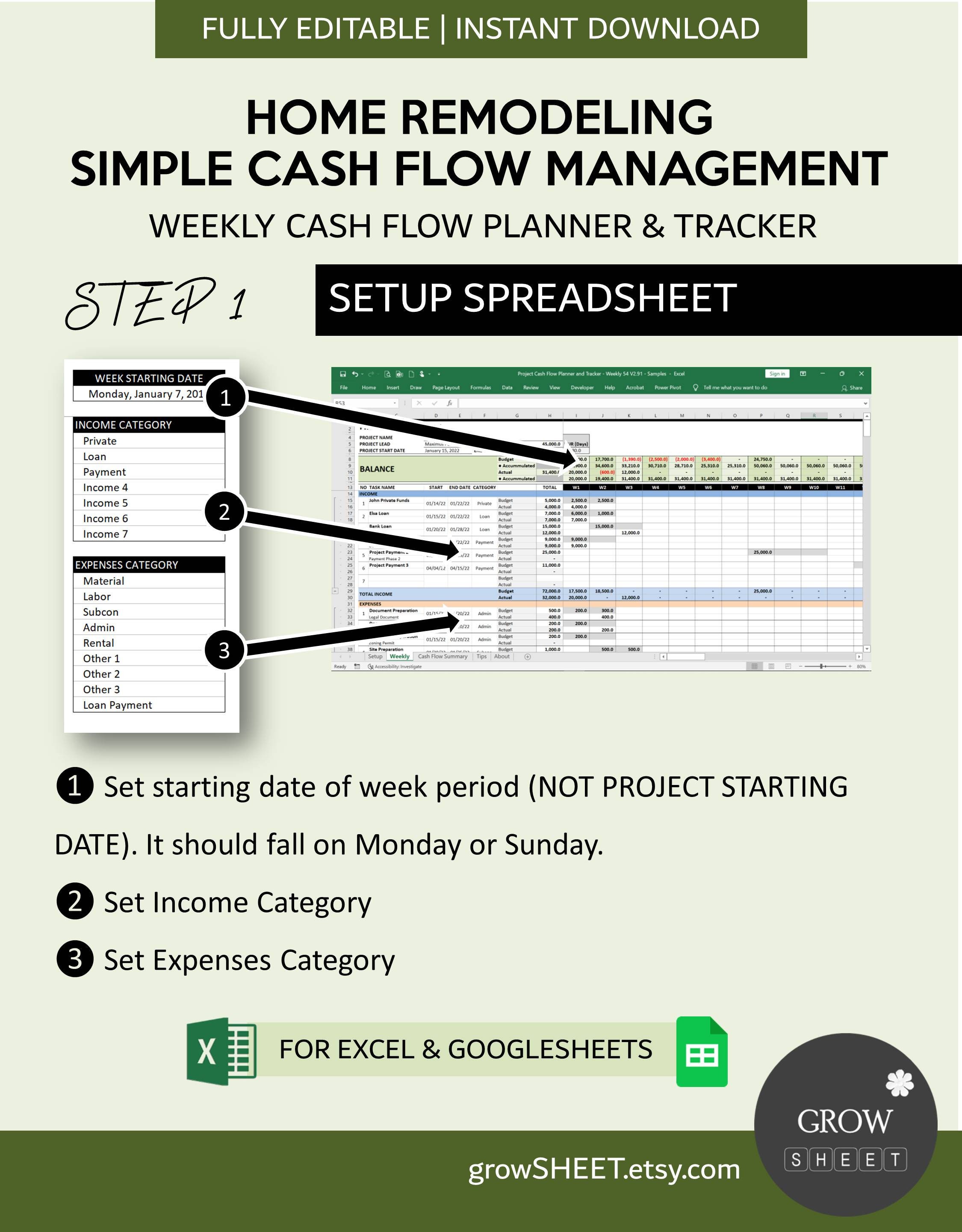 Simple Home Remodeling Cash Flow Planner and Tracker Spreadsheet ...
