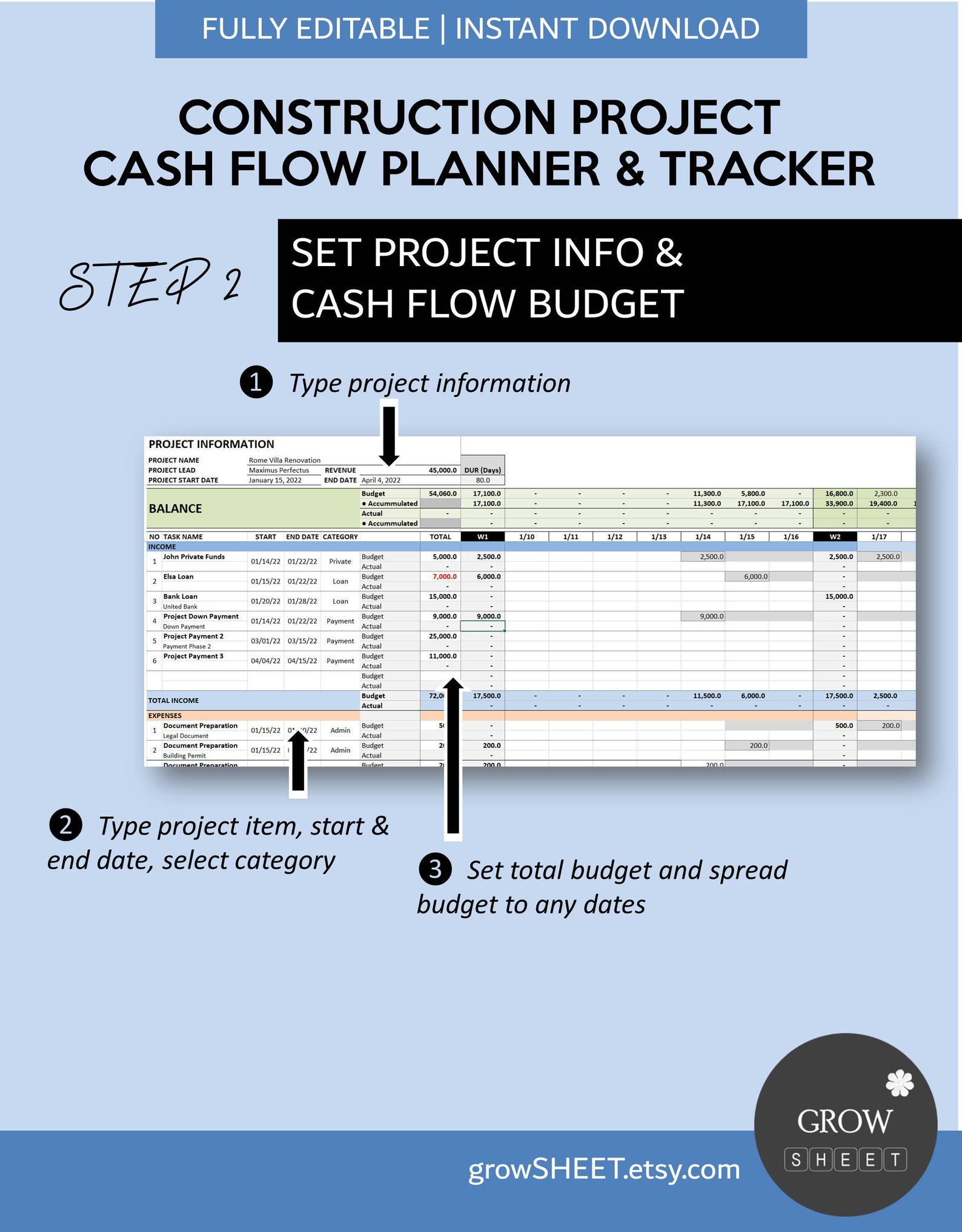 Construction Project Cash Flow Planner and Tracker Spreadsheet | Daily ...
