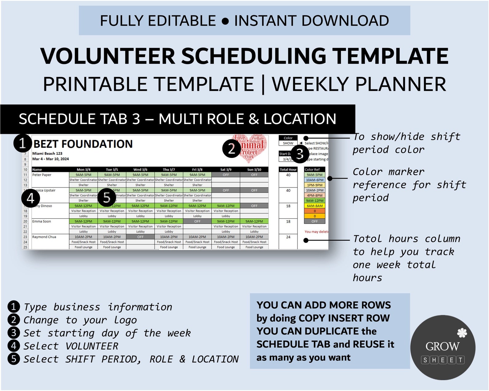 Volunteer Scheduling Template for Excel and Google Sheets | Multi Roles ...