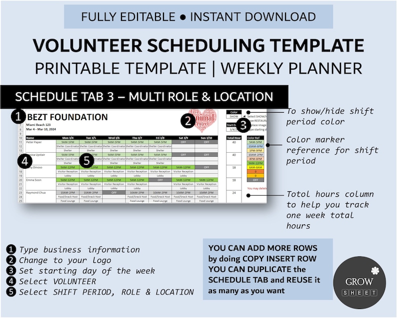 Volunteer Scheduling Template for Excel and Google Sheets | Multi Roles ...