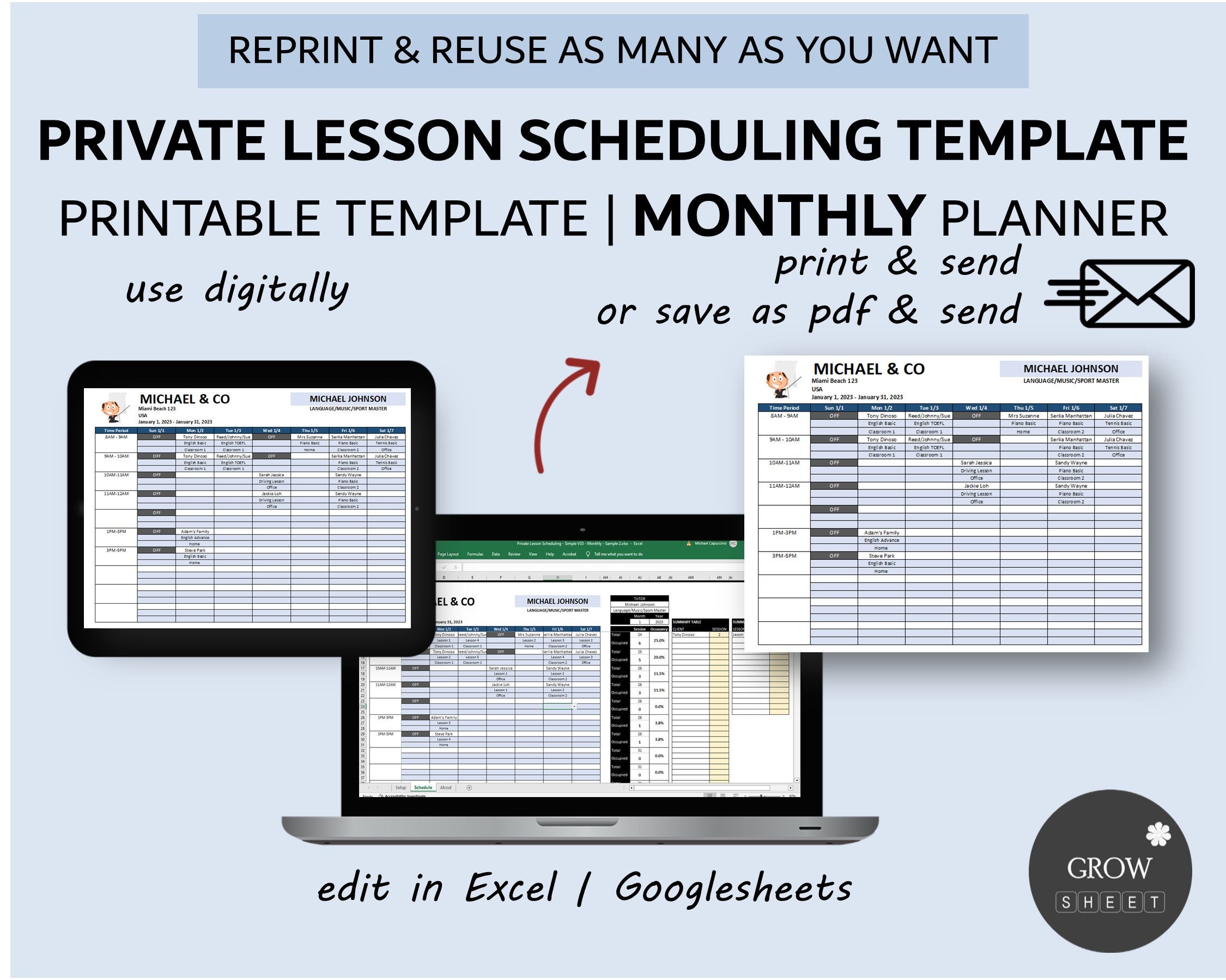 Private Lesson Scheduling Template for Excel and Google Sheets ...