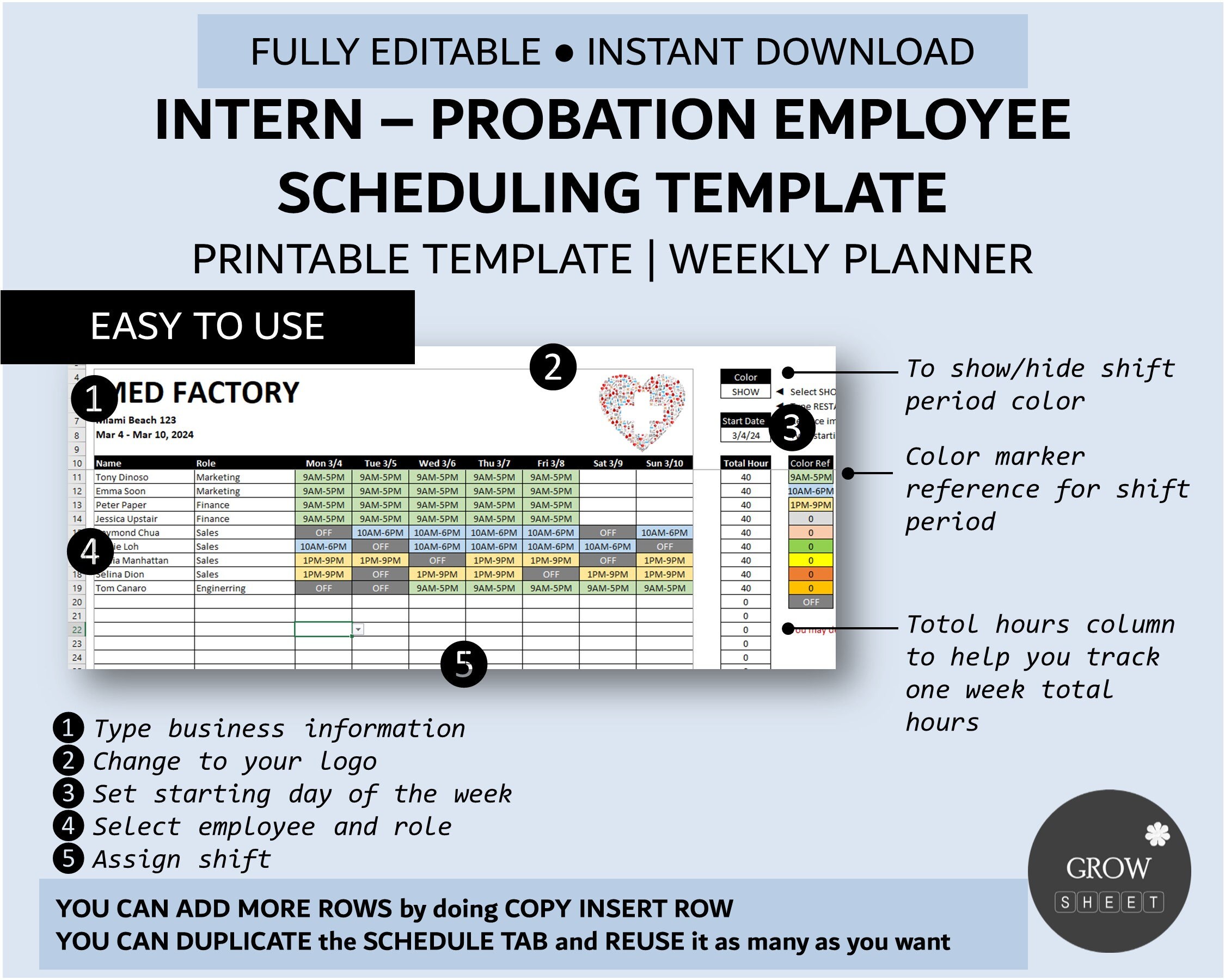 Intern-probation Employee Scheduling Template | Multi Roles-location ...