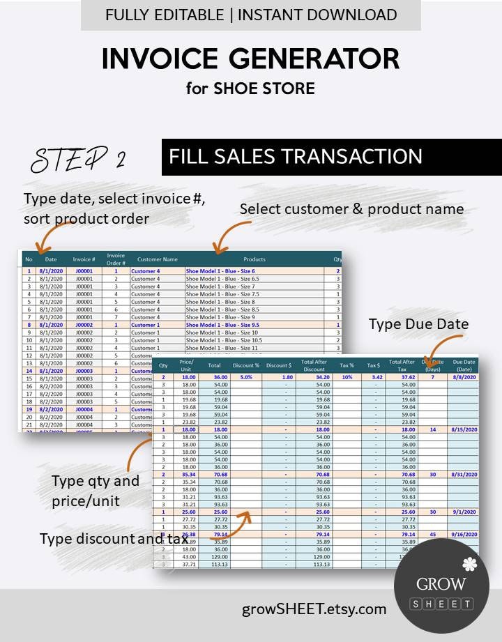 Invoice Generator for Shoe Stores Excel Invoice Template for - Etsy