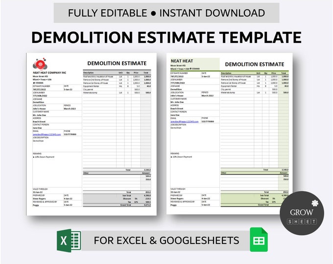 Printable Demolition Estimate Template for Excel and Google - Etsy Hong ...
