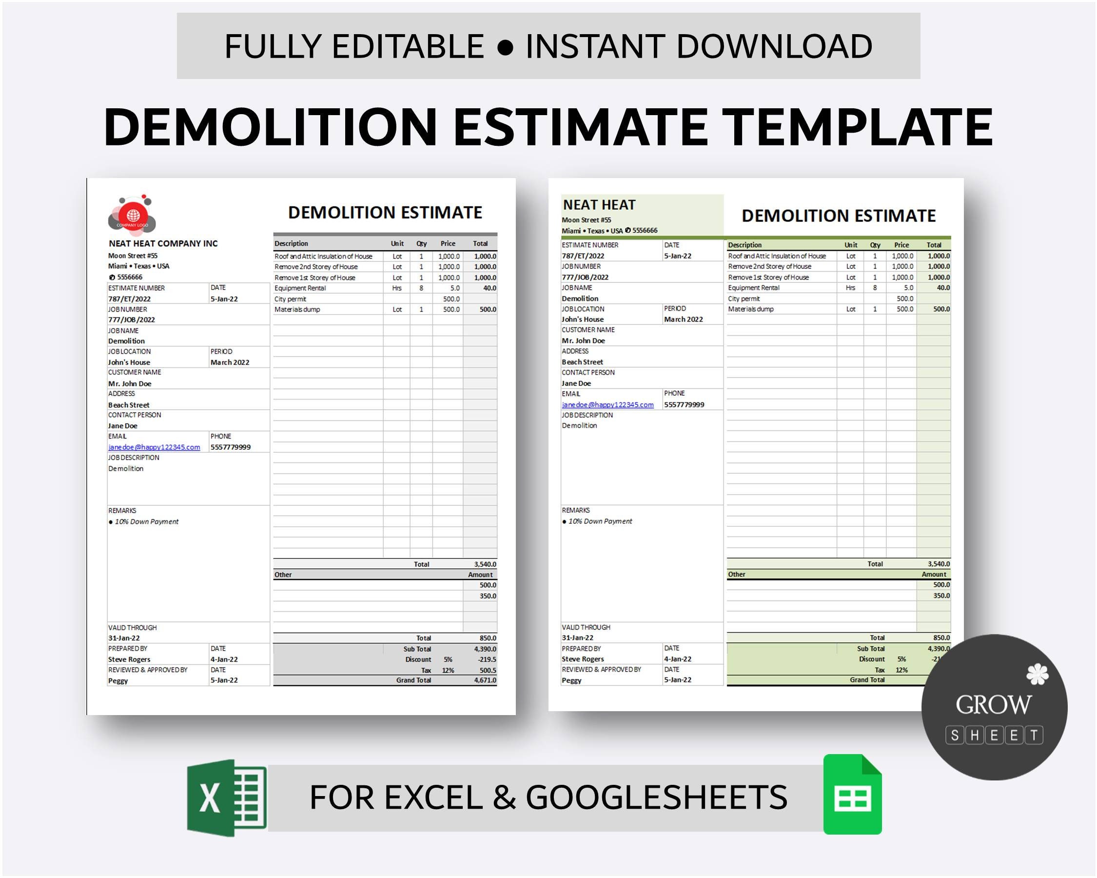 Printable Demolition Estimate Template For Excel And Google Etsy Hong 