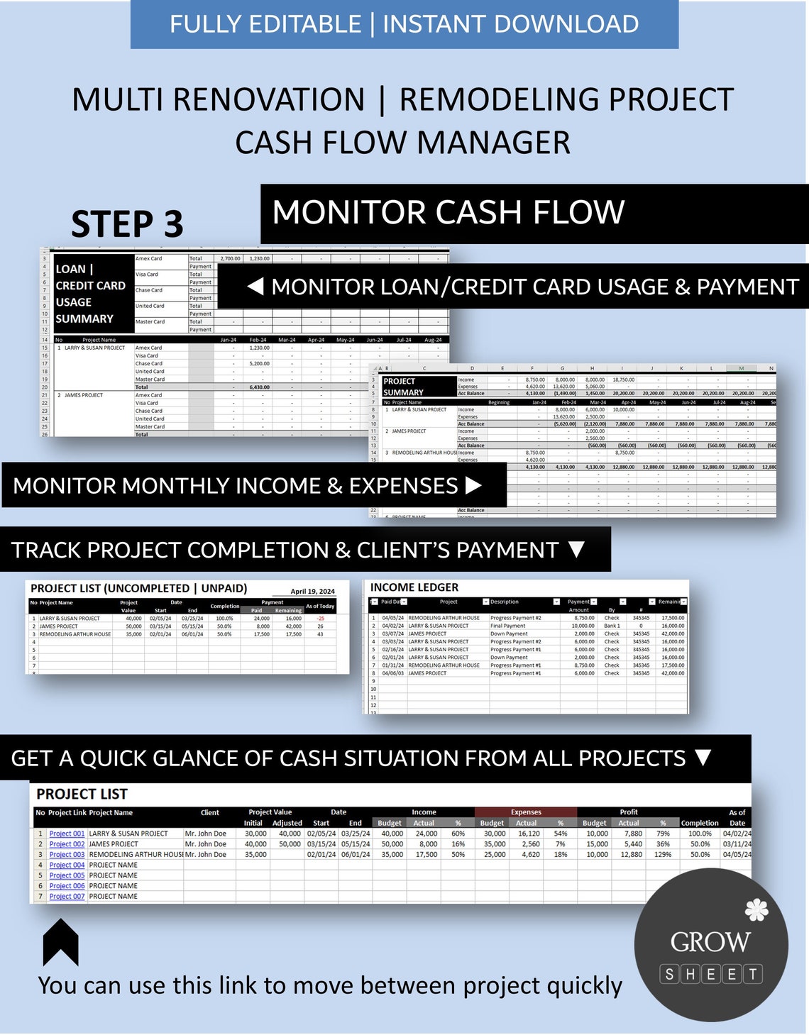 Multi Remodeling and Renovation Project Cash Flow Tracker Spreadsheet | Project Cash Flow and ...