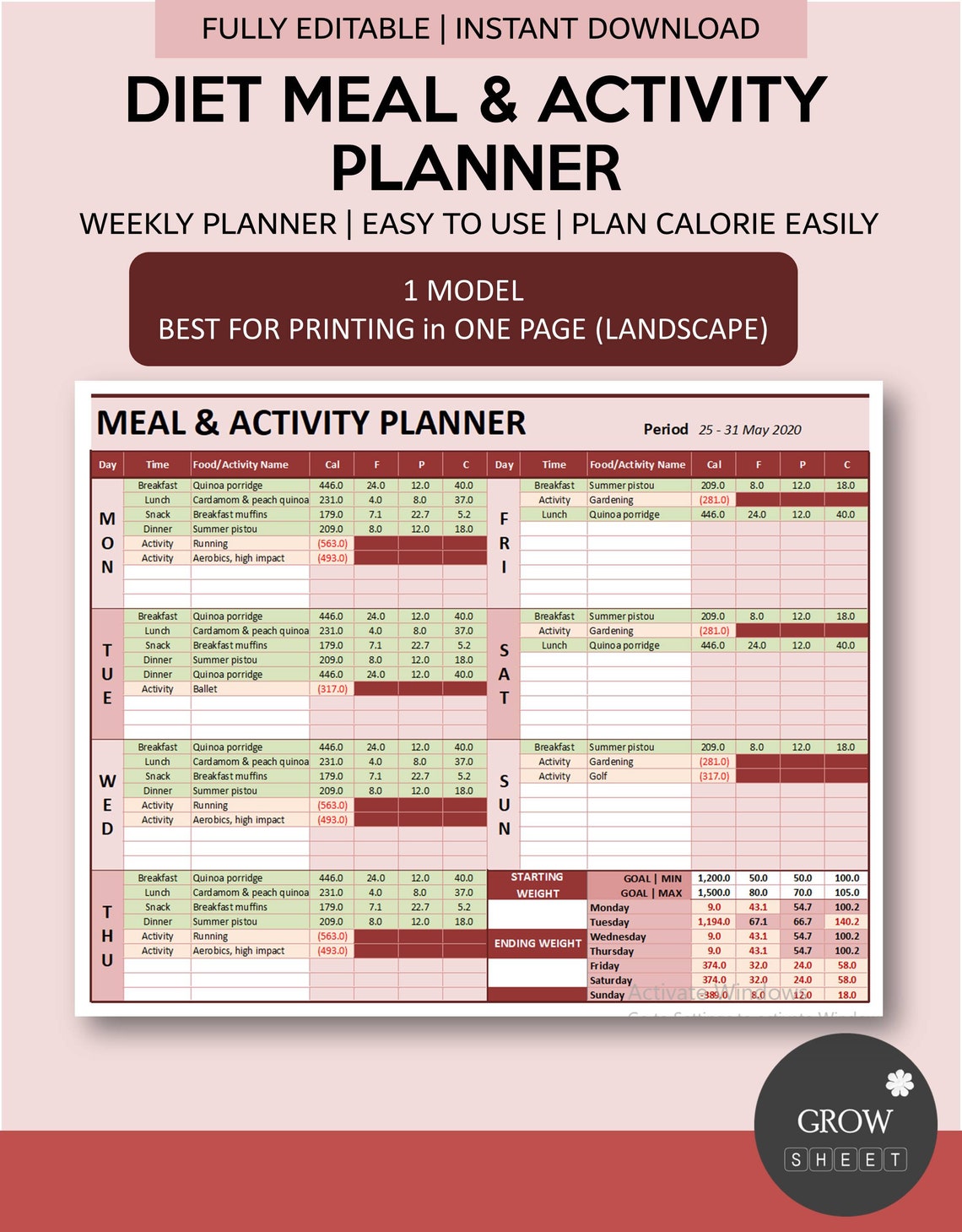Diet Meal and Activity Planner for Excel and Google Sheets | Fully ...