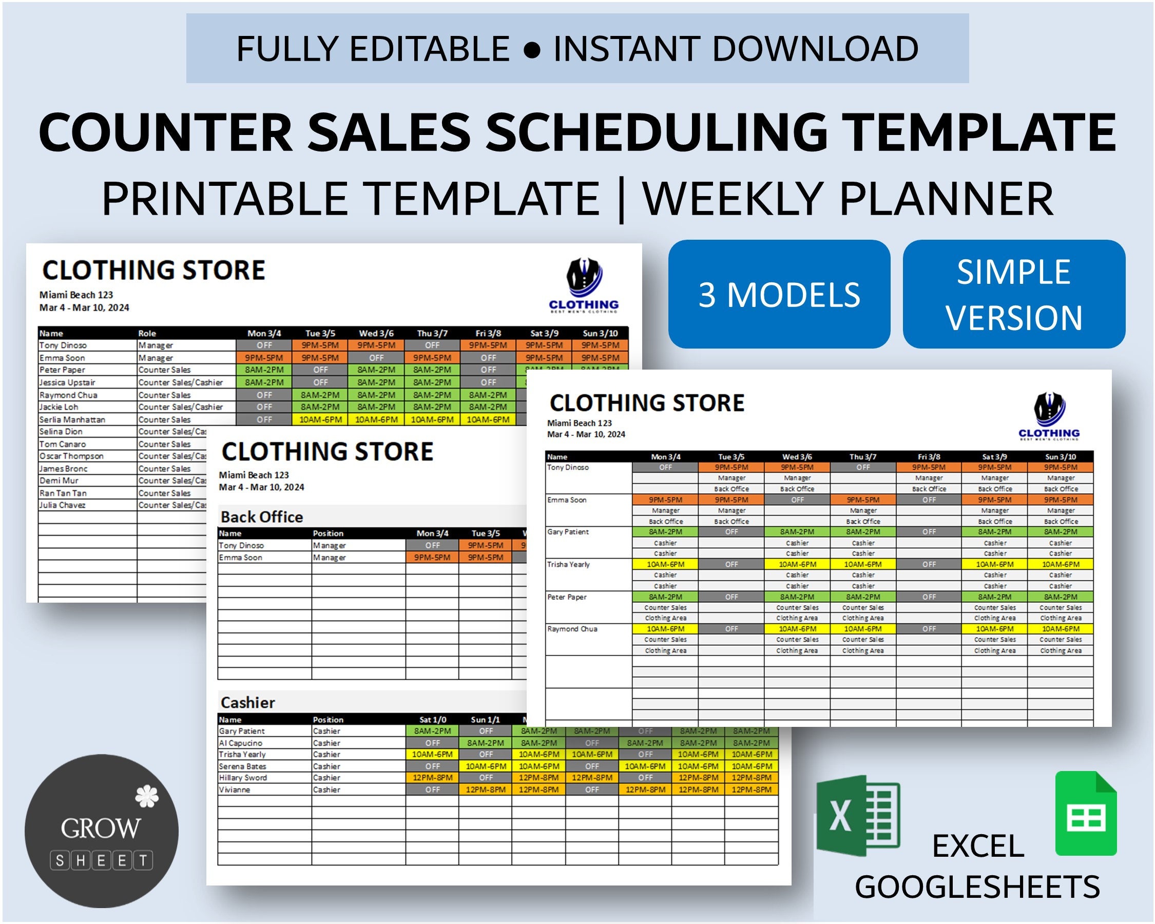 Sales Scheduling Template for Excel and Google Sheets | Multi Roles ...