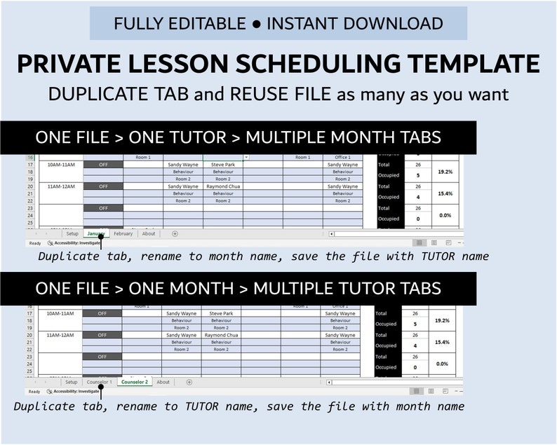 Private Lesson Scheduling Template for Excel and Google Sheets ...