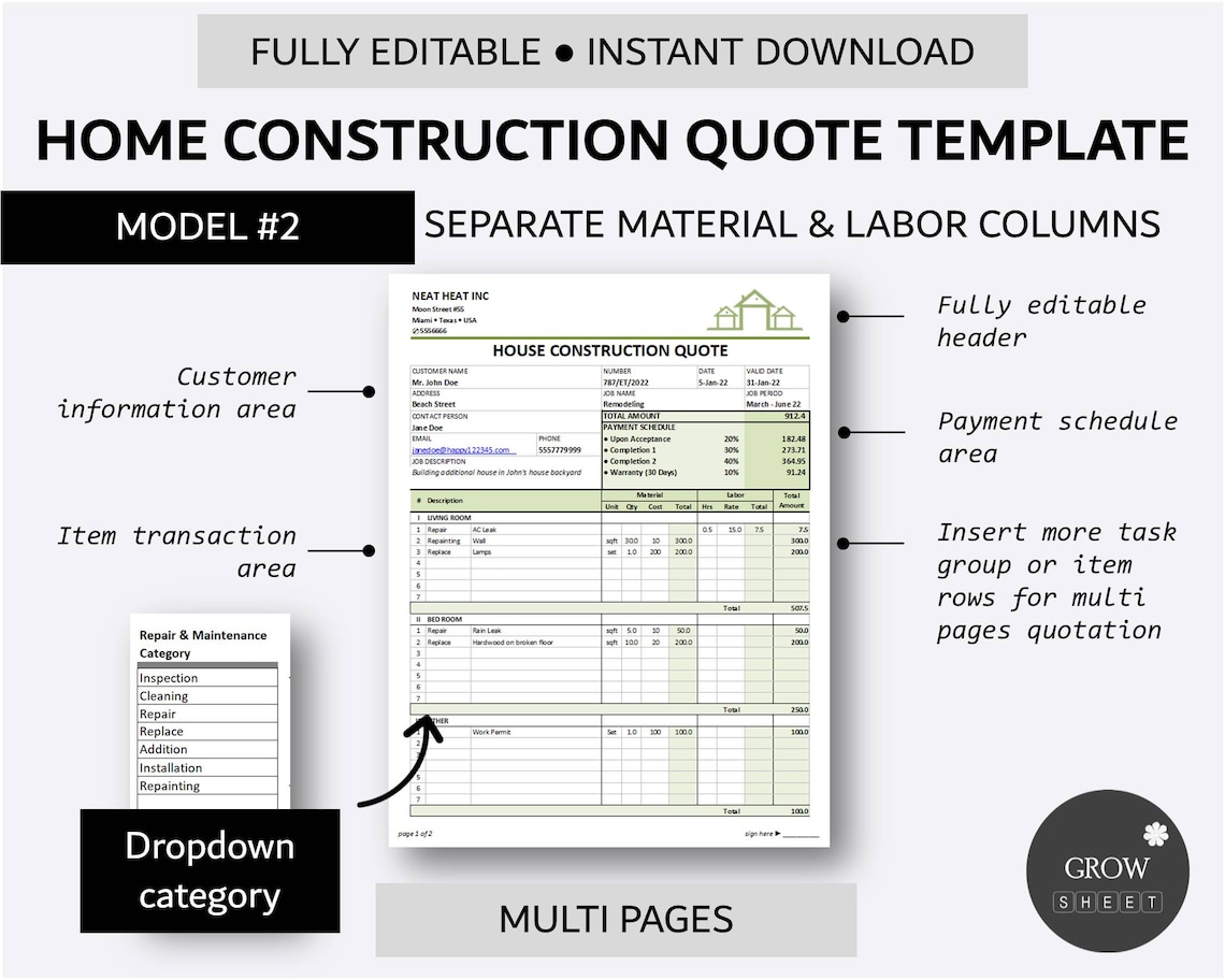 Printable House Construction Quote Template | Price Quotation Form for ...