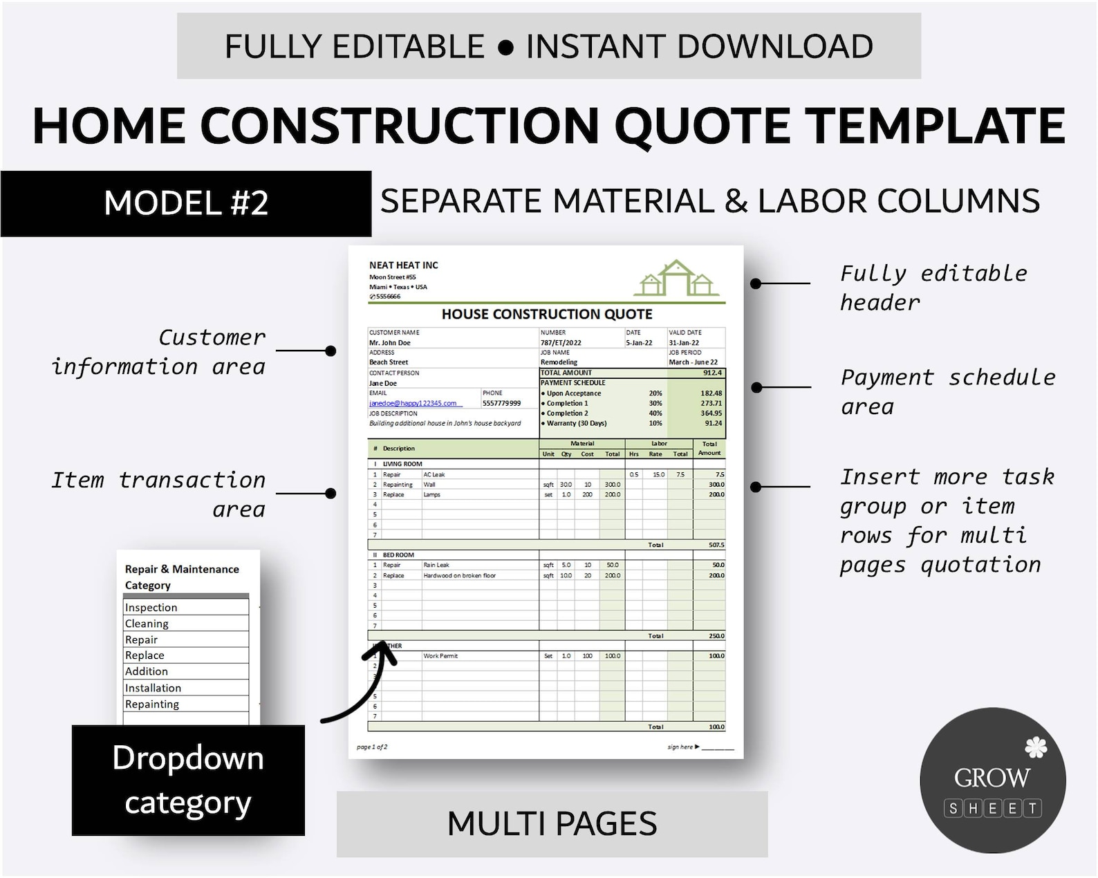 Printable House Construction Quote Template | Price Quotation Form for ...