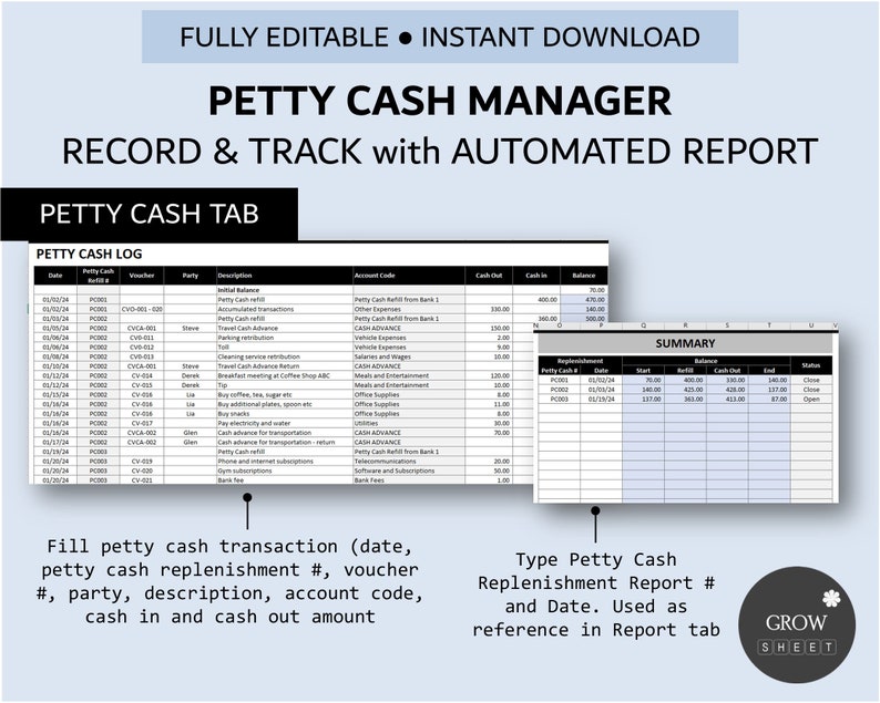 Petty Cash Log With Automated Replenishment Report | Petty Cash ...