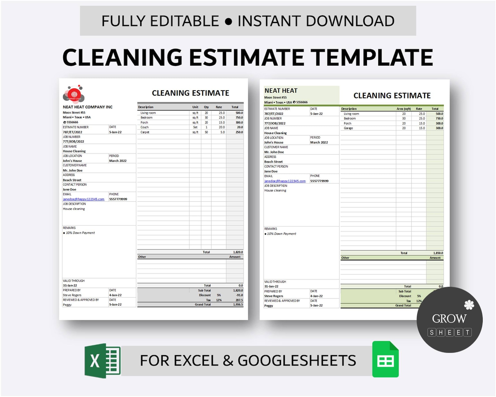 Printable Cleaning Estimate Template for Excel and Google Sheets | Work ...