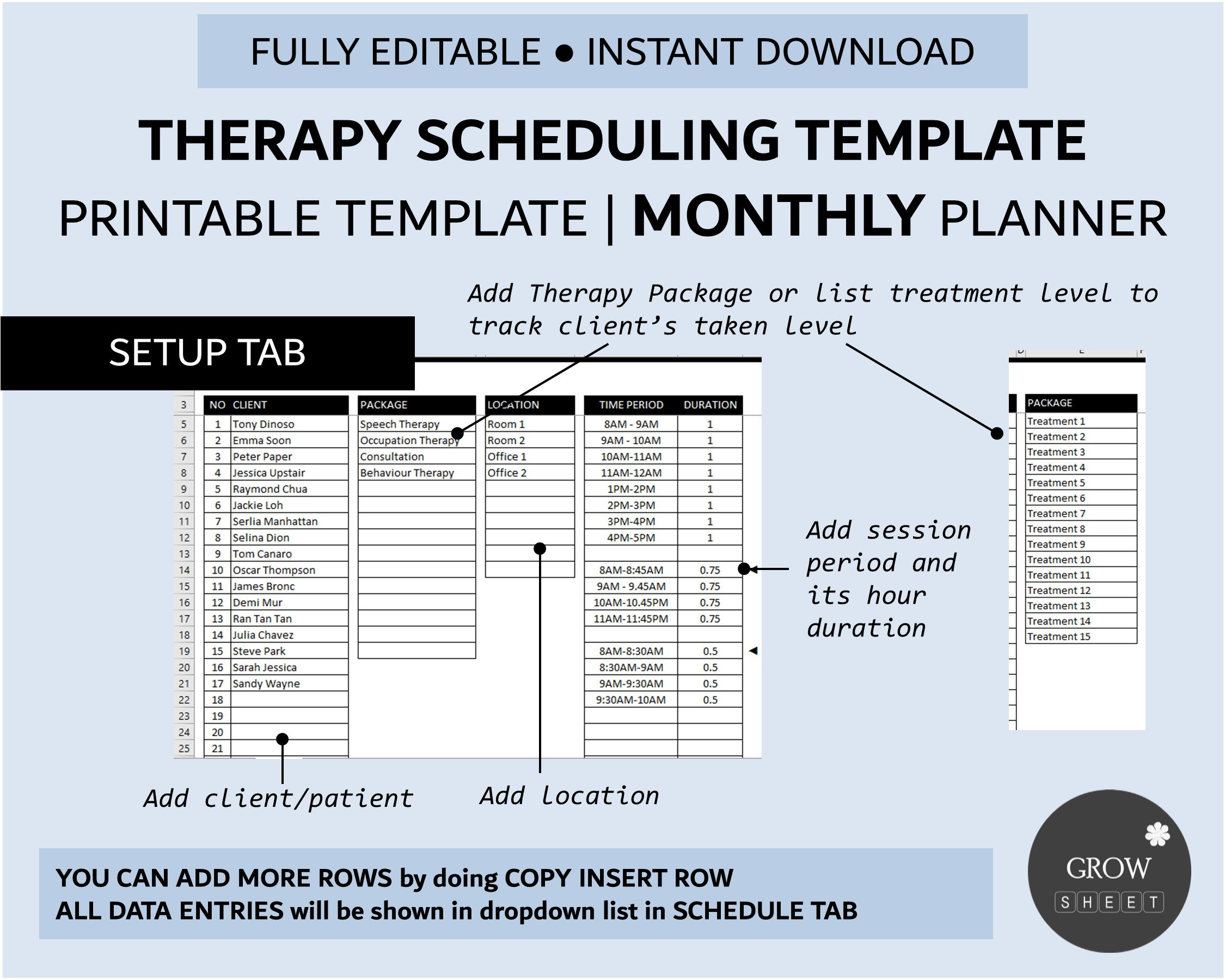 Therapy Scheduling Template for Excel and Google Sheets | Printable One ...