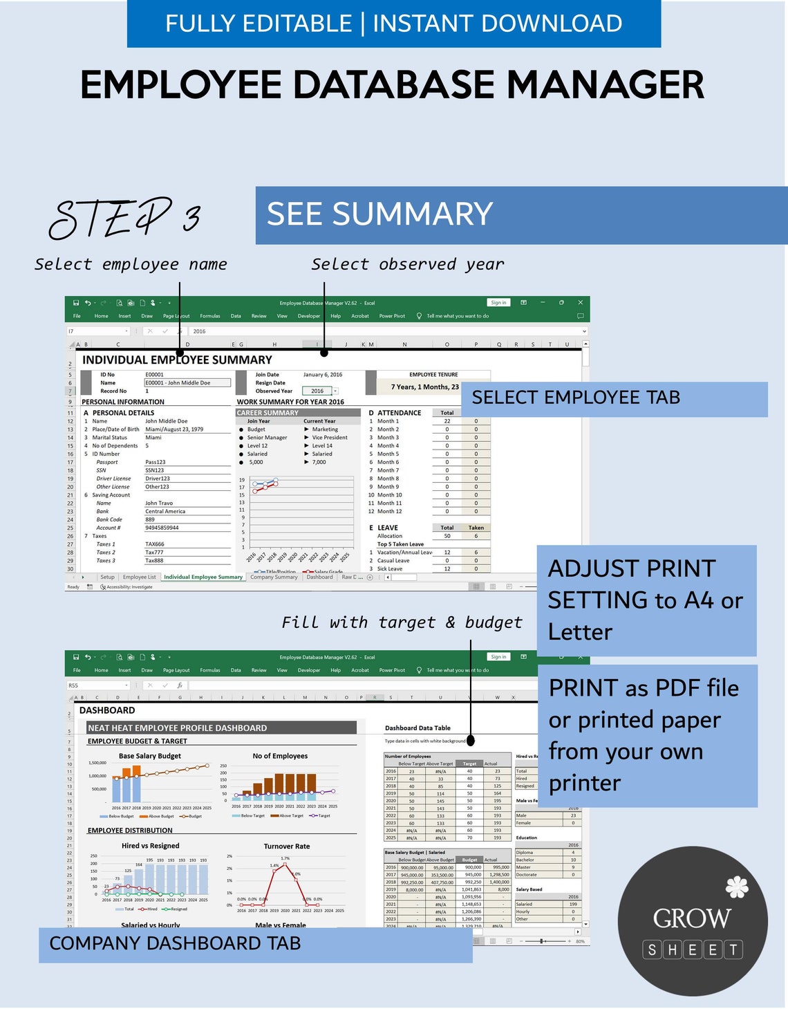 Employee Database Management System for Excel and Google Sheets Human ...
