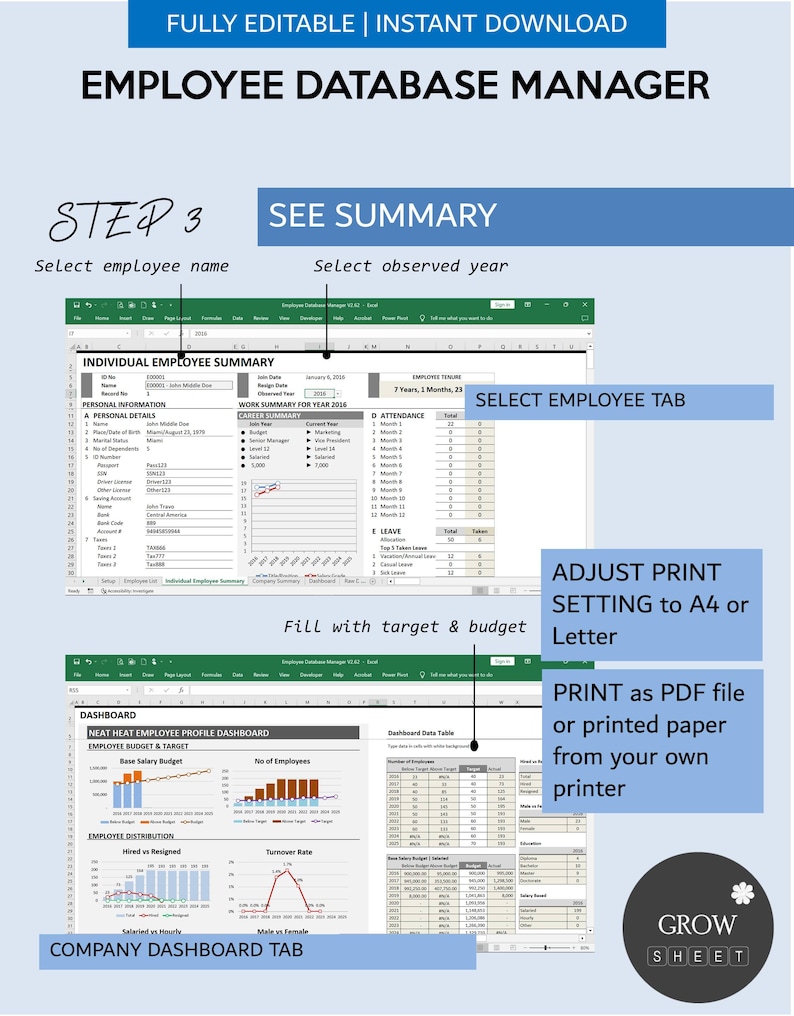 Employee Database Management System for Excel and Google Sheets | Human ...
