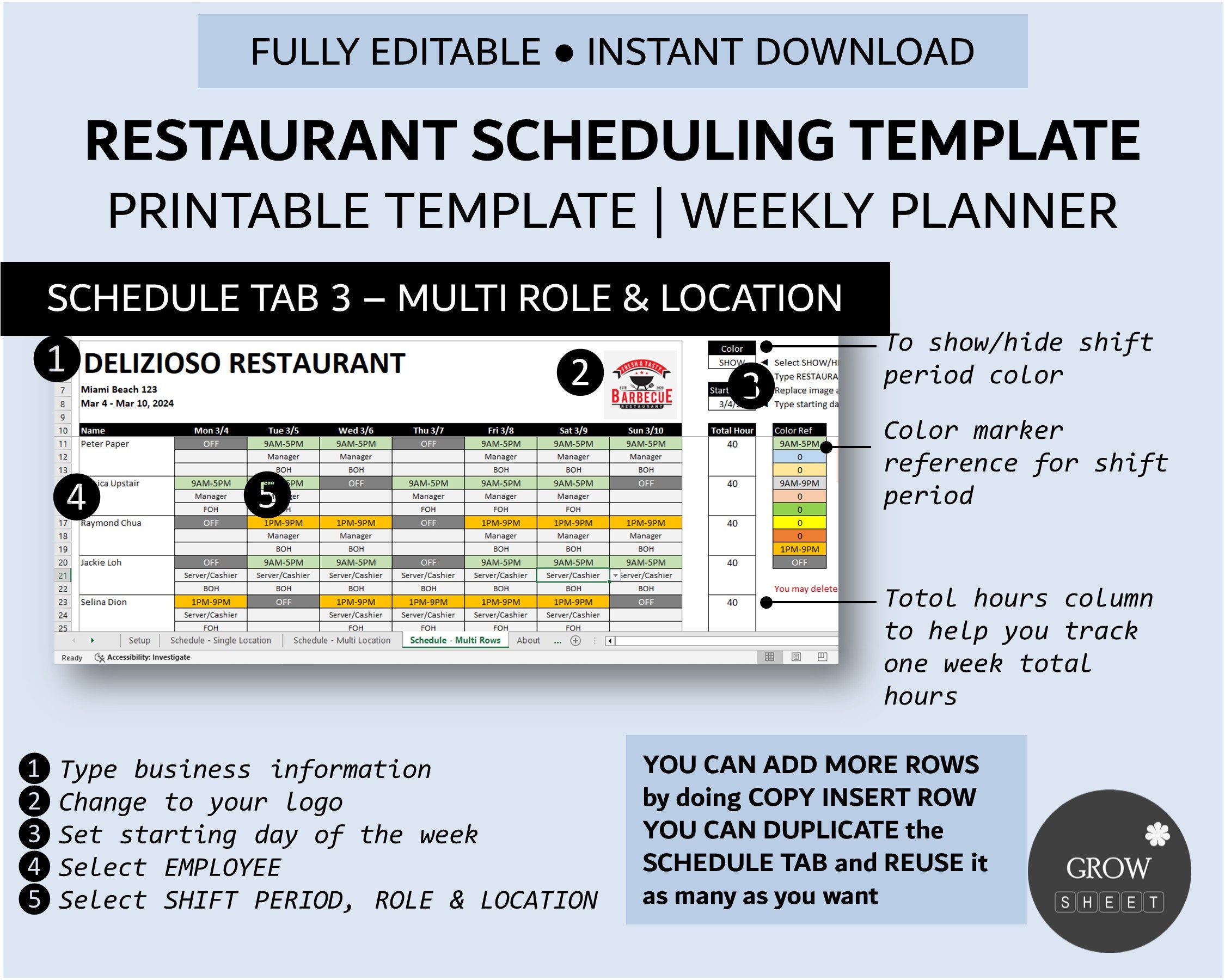 Restaurant Scheduling Template for Excel and Google Sheets | Multi ...