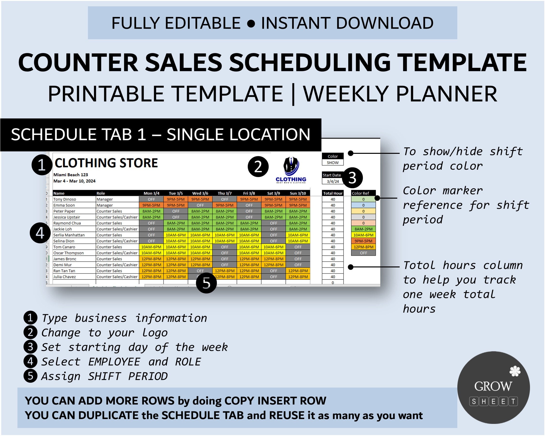 Sales Scheduling Template for Excel and Google Sheets | Multi Roles ...