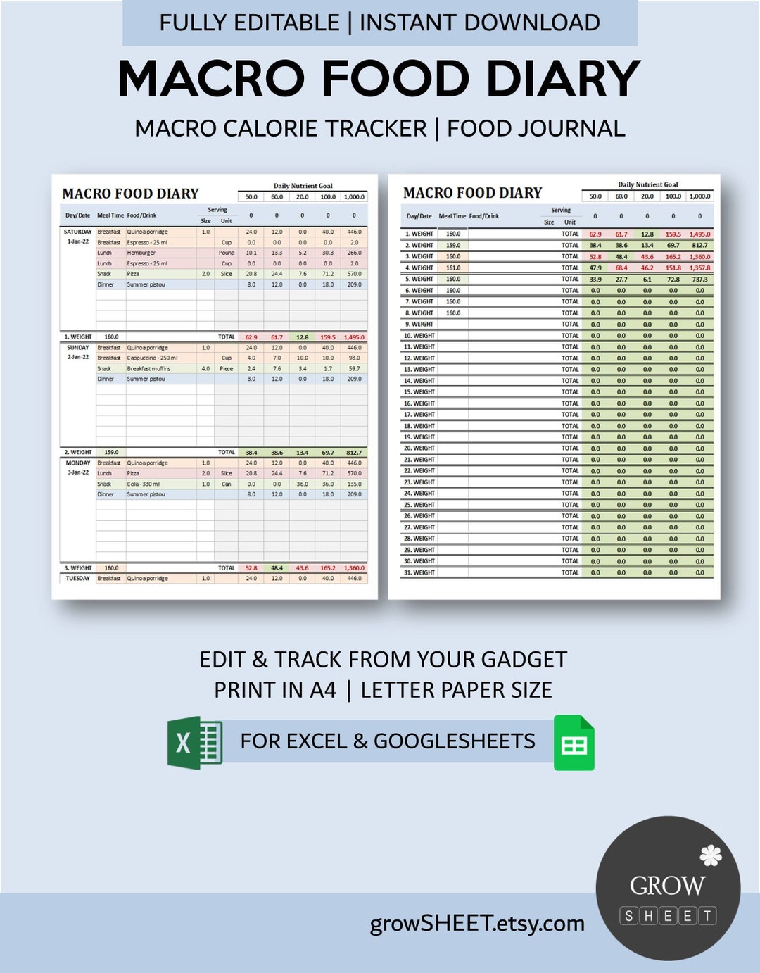 Macro Food Diary | Daily Food Journal With Macro Calculator for Excel ...