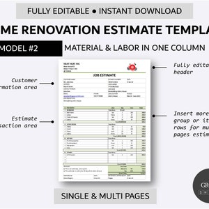 Printable Home Renovation Template for Excel and Google Sheets | Building Renovation Form | Job ...