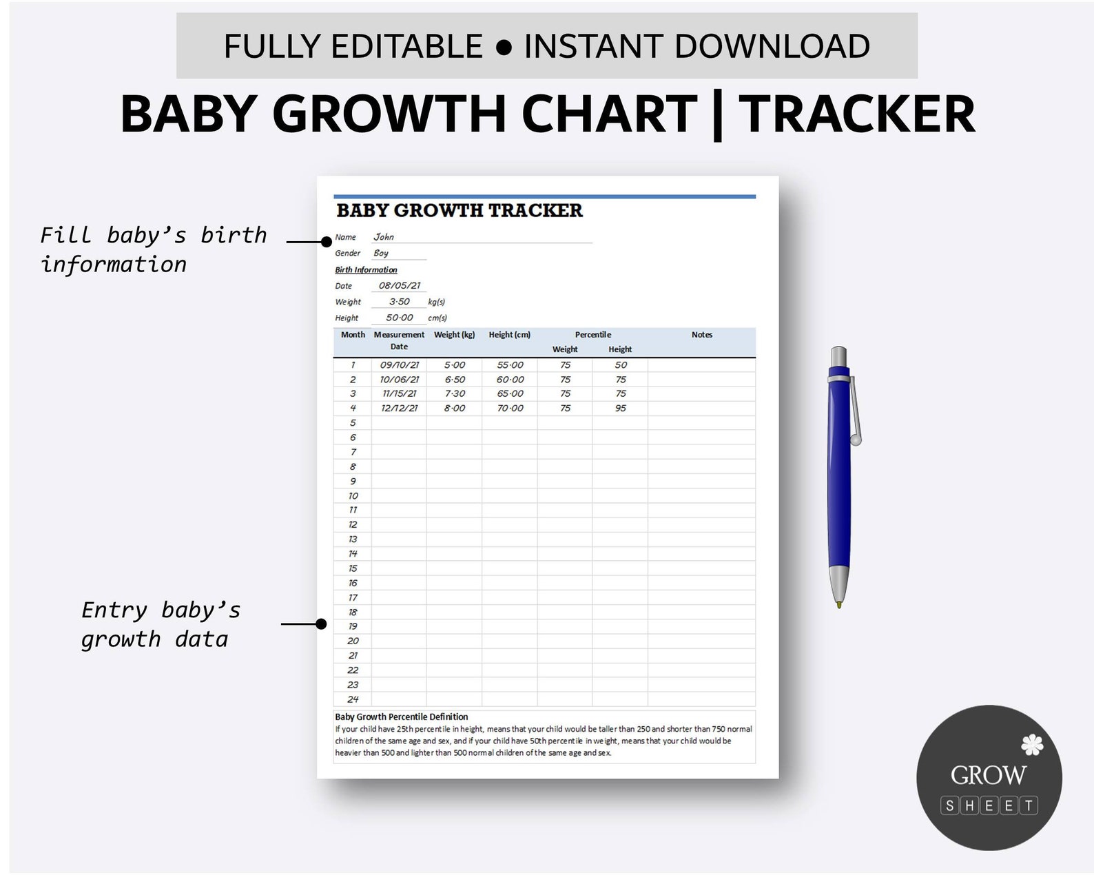 Printable Baby Growth Chart | Baby Growth 0 - 24 Months | Boy - Girl ...
