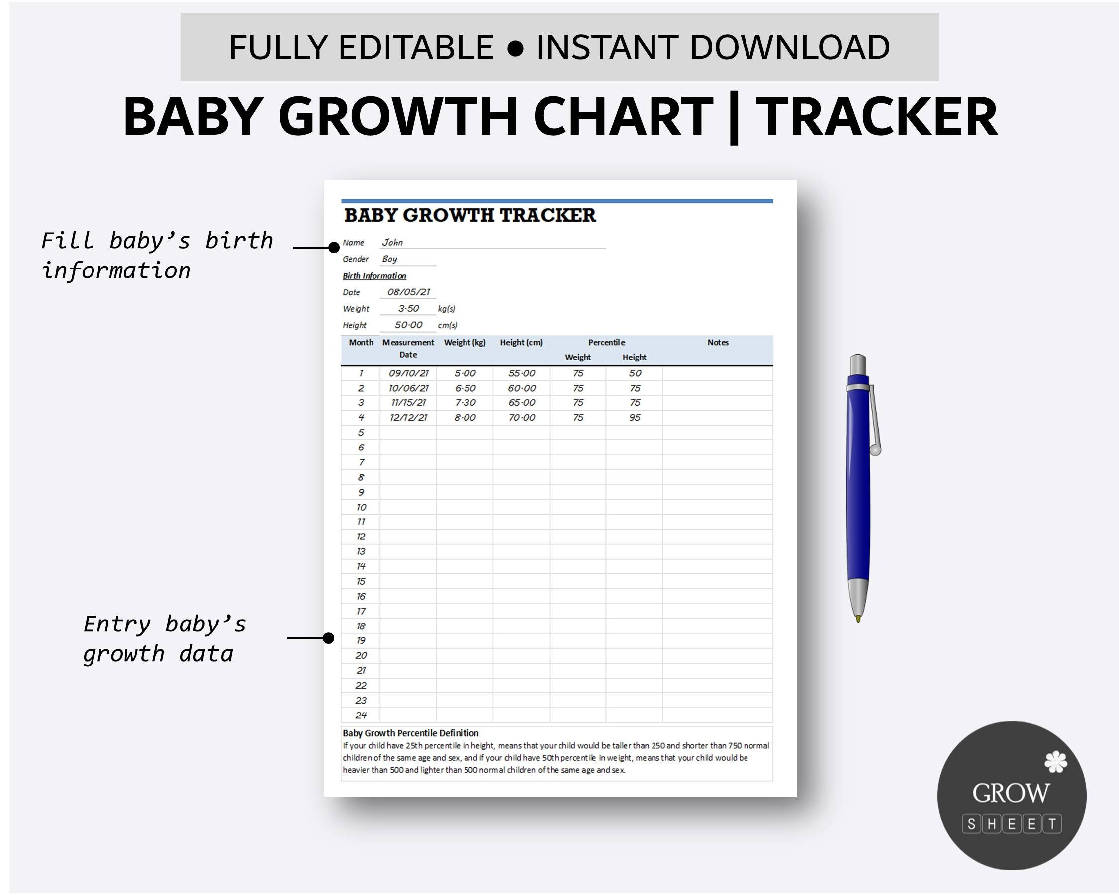 Printable Baby Growth Chart | Baby Growth 0 - 24 Months | Boy - Girl ...