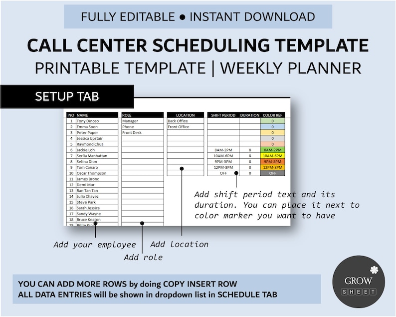 Call Center Scheduling Template for Excel and Google Sheets Multi Roles ...