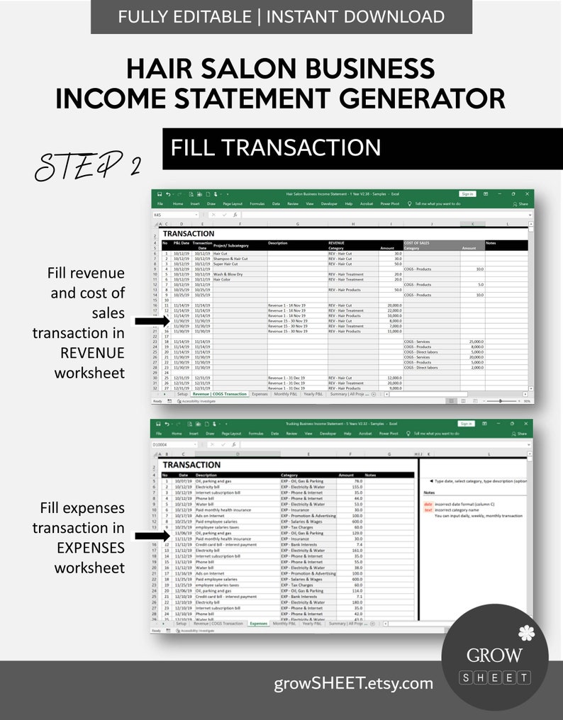Hair Salon Business Income Statement Generator Salon Profit & Loss ...