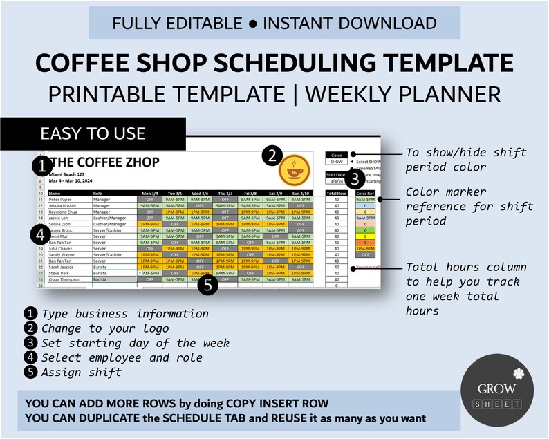 Coffee Shop Scheduling Template for Excel and Google Sheets | Multi ...