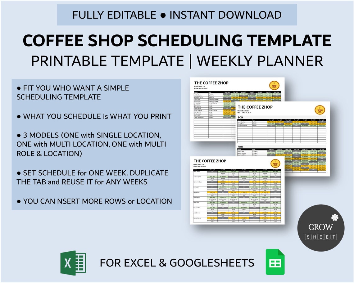 Coffee Shop Scheduling Template for Excel and Google Sheets | Multi ...
