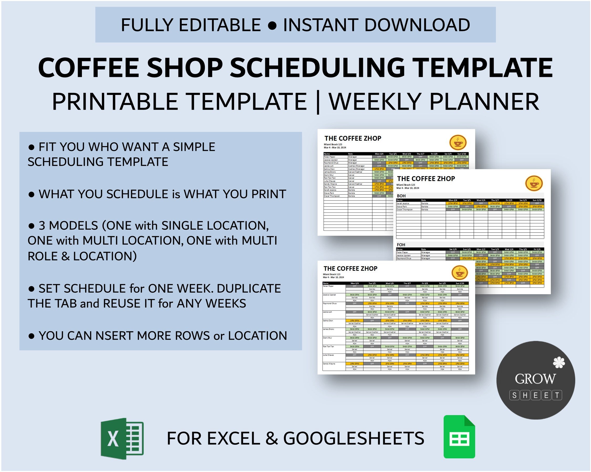 Coffee Shop Scheduling Template for Excel and Google Sheets | Multi ...