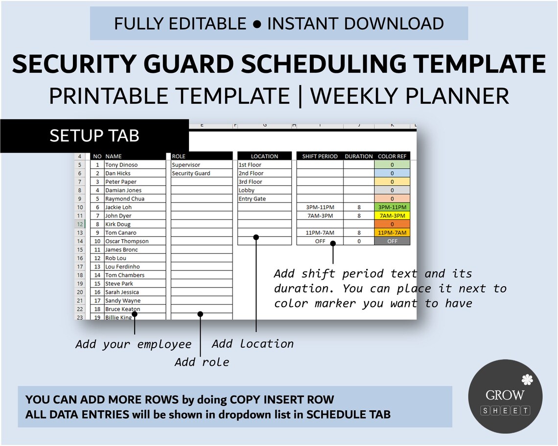 Security Guard Scheduling Template | Multi Roles-location-shift Period ...