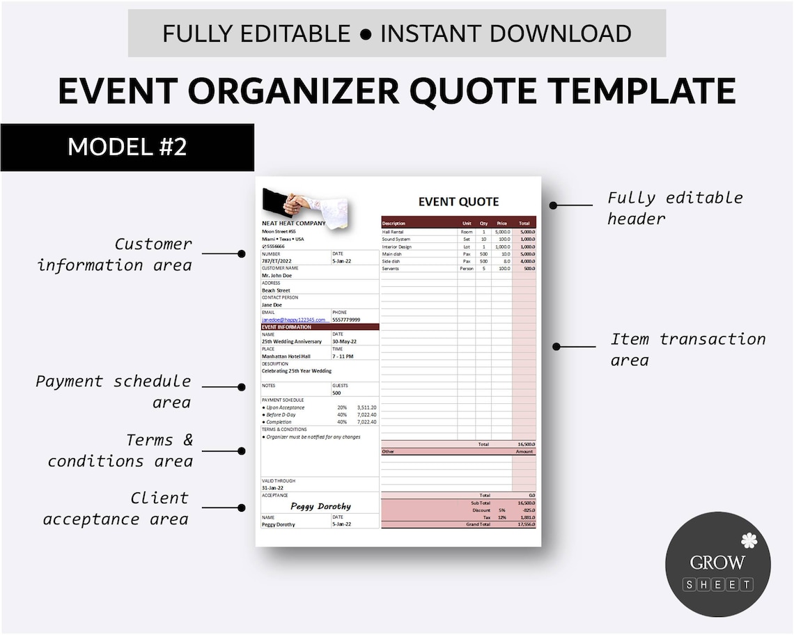 Printable Event Organizer Quote Template for Excel and Google Sheets ...