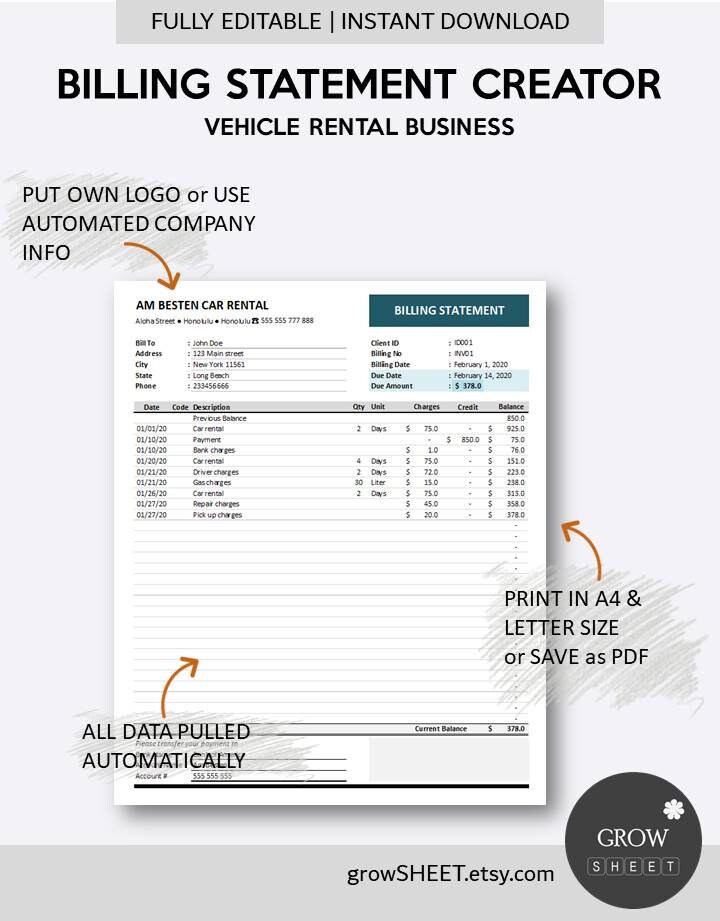 Billing Statement Creator for Car Rental | Excel Billing Statement ...