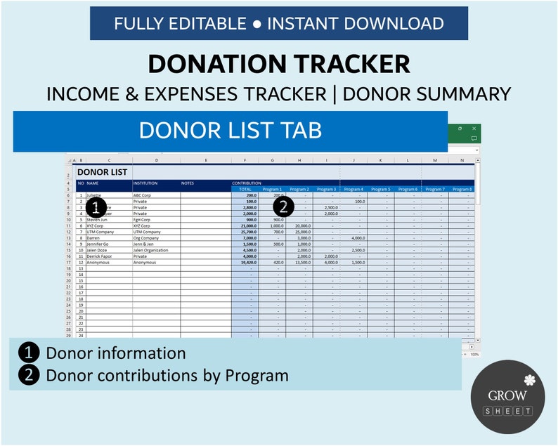Donation Tracker Spreadsheet | Program Donation Planner and Expenses Tracker for Excel and ...