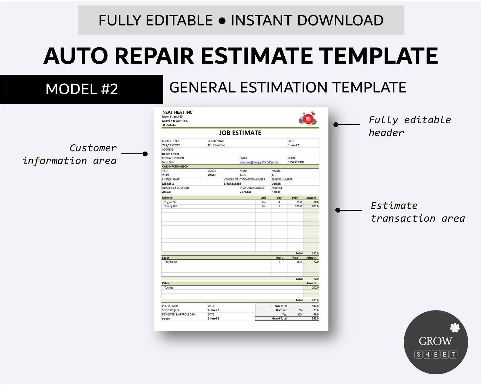 Printable Auto Repair Estimate Template for Excel and Google Sheets ...