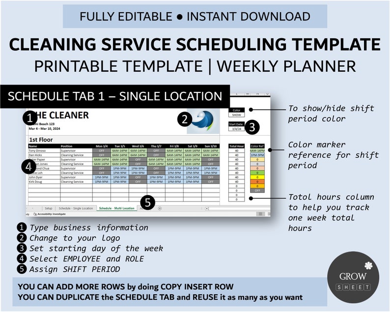 Cleaning Service Scheduling Template | Multi Roles-location-shift Period | Printable 7 Day ...