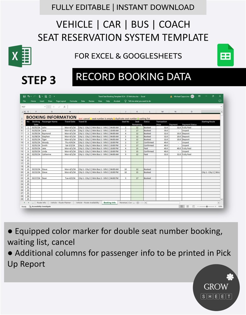 Car Seat Booking System Template | Vehicle Seat Reservation Spreadsheet ...