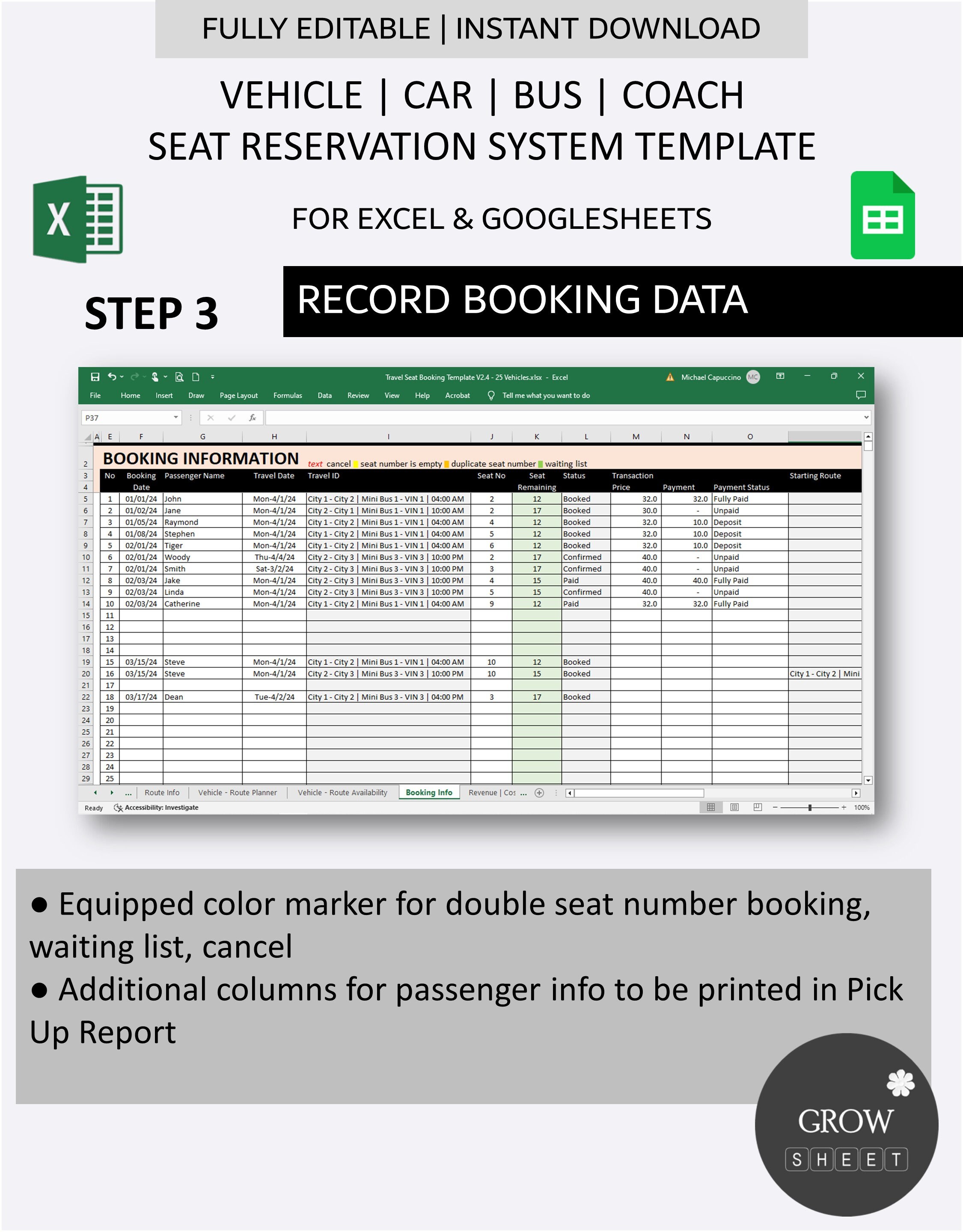 Car Seat Booking System Template | Vehicle Seat Reservation Spreadsheet ...