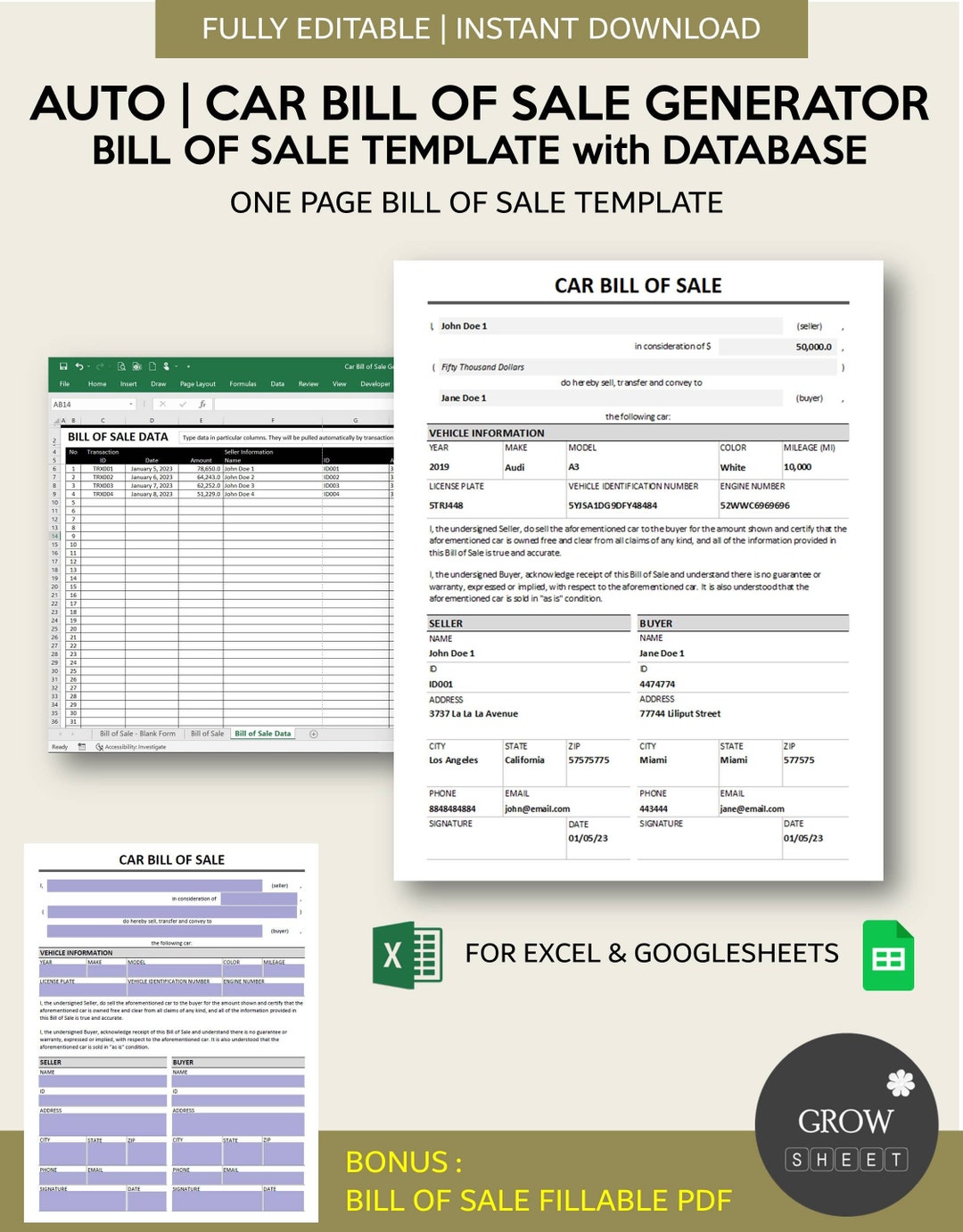 Car Bill of Sale Generator | One Page Auto Bill of Sale Template With ...