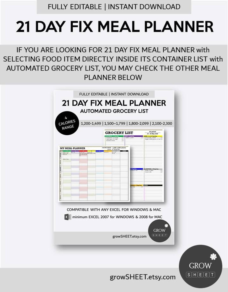 21 Day Fix Meal Planner - Excel Template | Weekly Diet Planner With ...